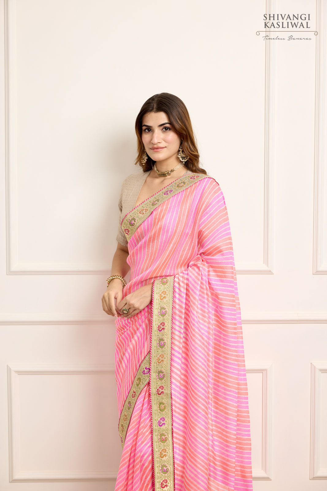 Peach Pink Banarasi Organza Leheriya Saree - Shivangi Kasliwal