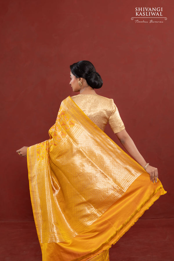 Mustard Yellow Handwoven Banarasi Satin Silk Saree - Shivangi Kasliwal